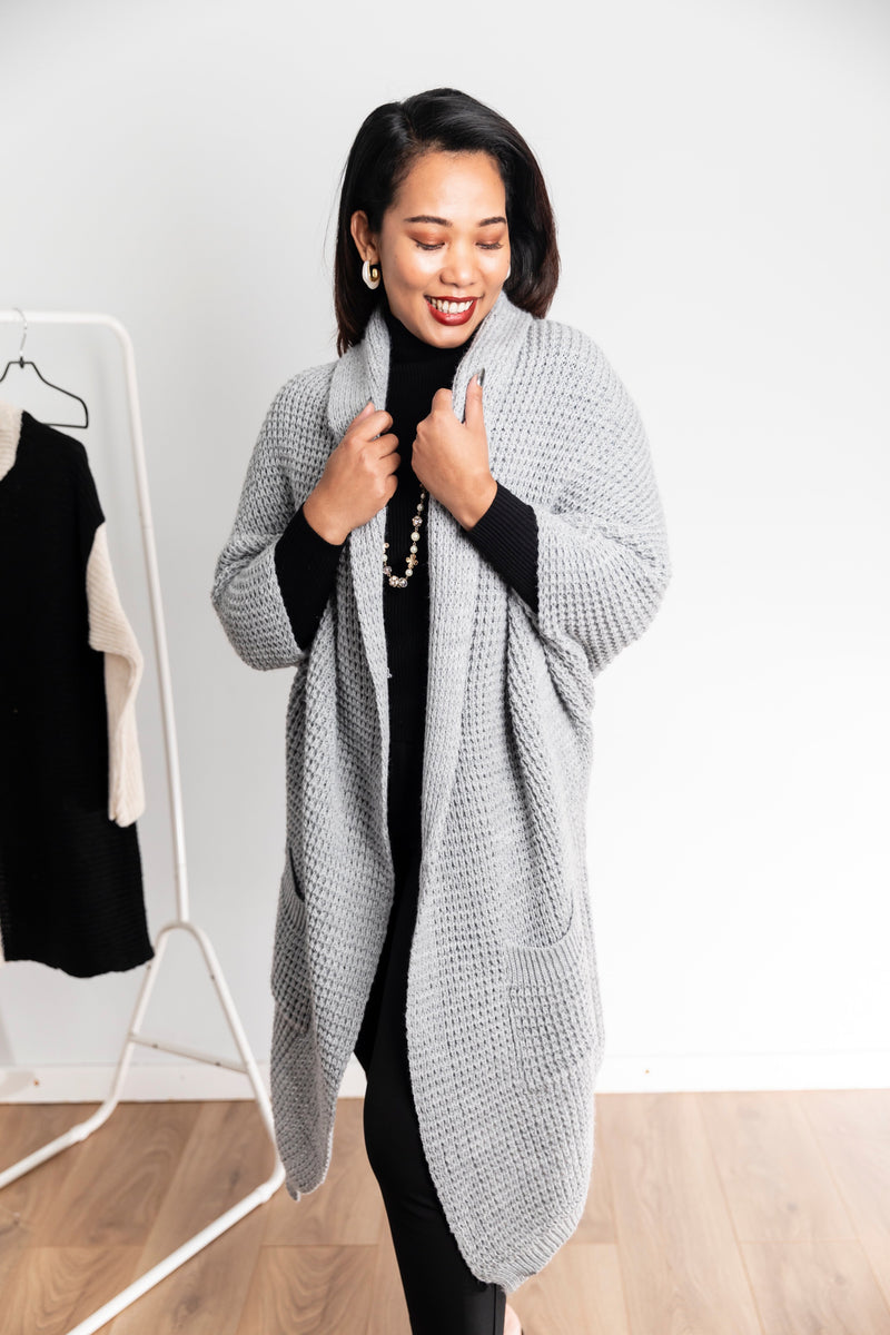 Waffle Longline Roll Front Slouch Knit Cardigan In grey – Love